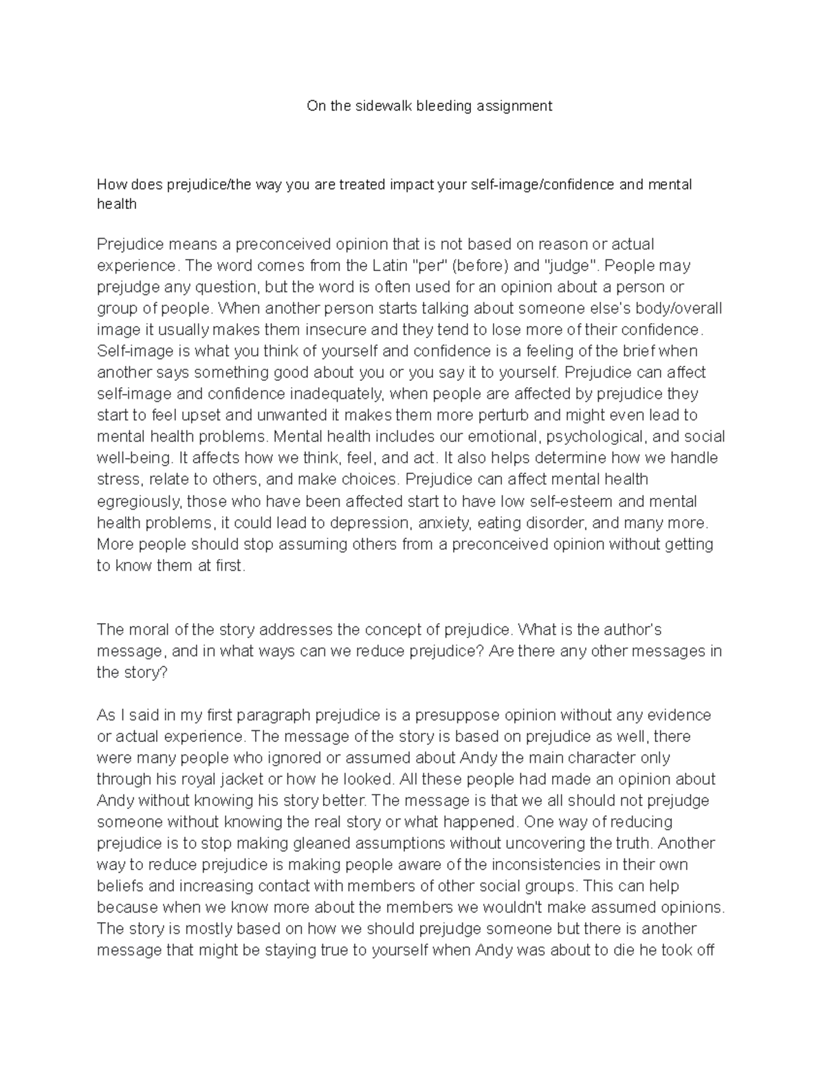 ENG 101: On the Sidewalk Bleeding Assignment - Impact of Prejudice on ...