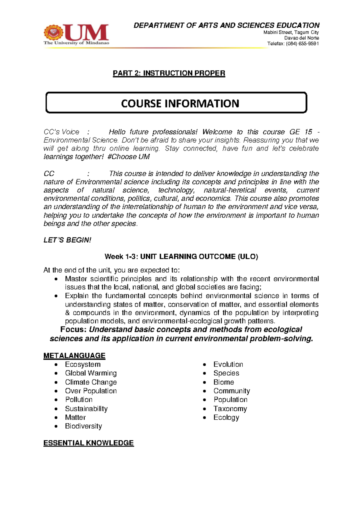 GE 15 Environmental Science Module 1 - Lecture Notes on Ecosystems and ...