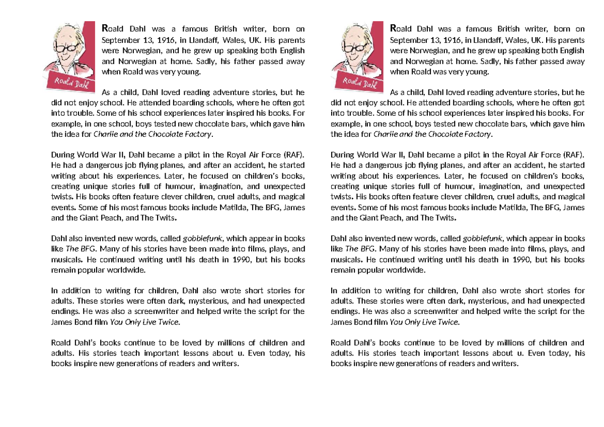 Roald Dahl Biography - Ejercicios usando la biografia - Roald Dahl was ...