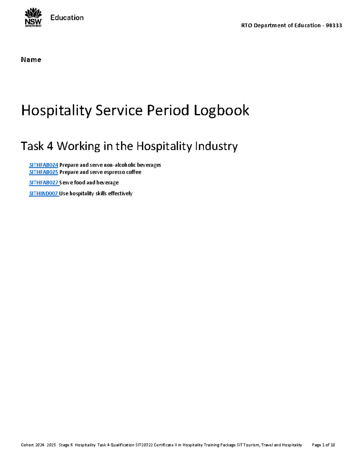 SIT20322 Hospitality Service Period Logbook Task 4 (2024-2025) - Studocu