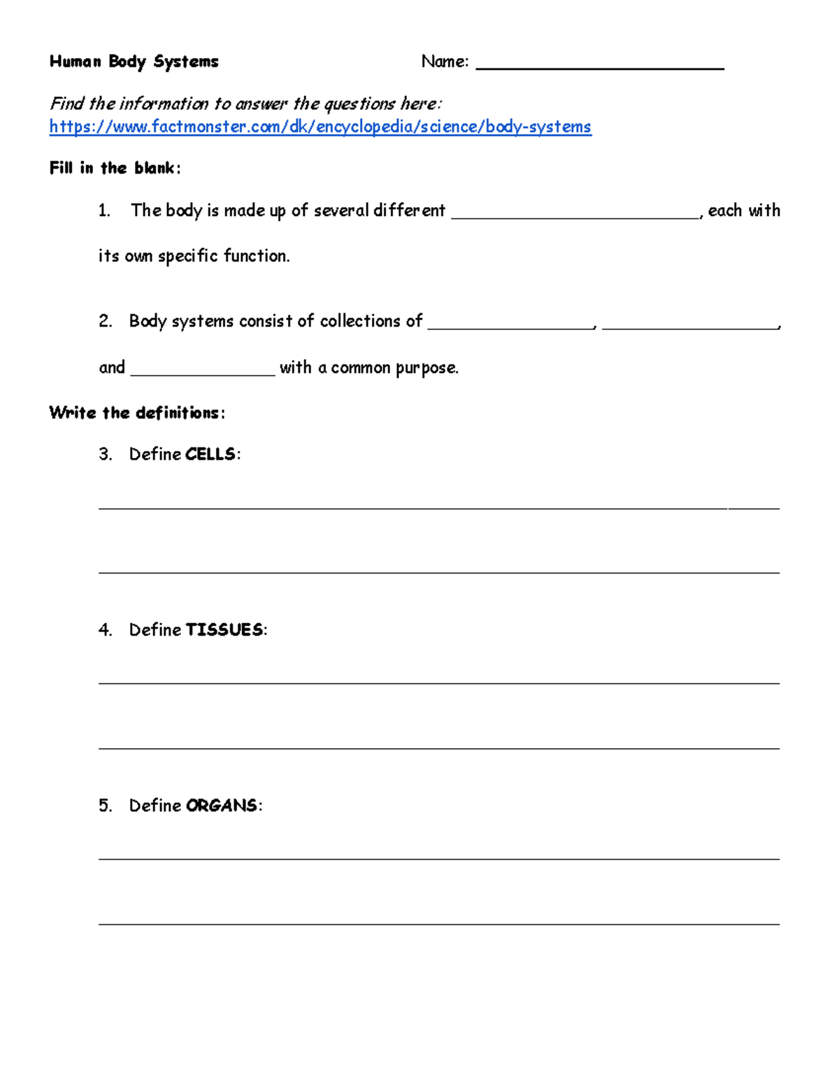 Human Body Systems Worksheet 1: Key Concepts and Definitions - Studocu