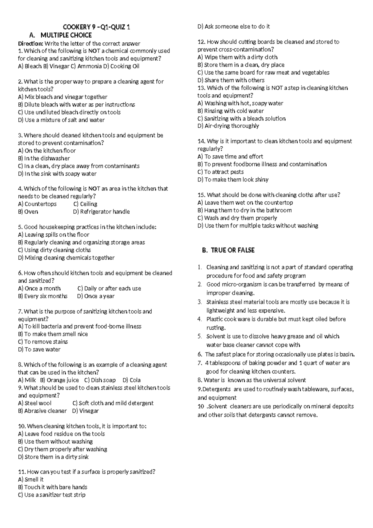 Cookery 9 - Q1 Quiz 1: Kitchen Cleaning & Sanitizing Questionnaire ...
