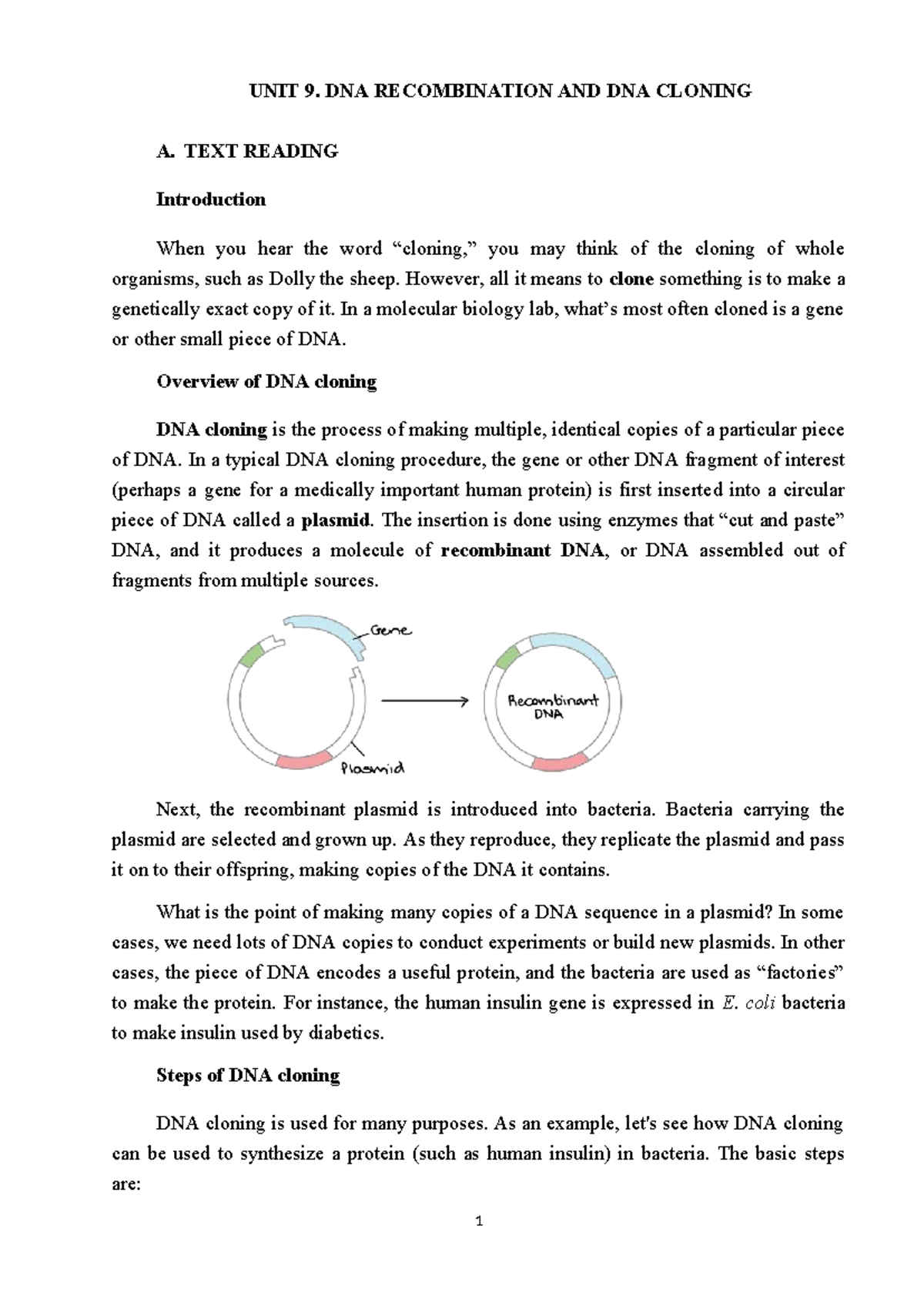 Unit 9: DNA Recombination & Cloning Techniques in Molecular Biology ...