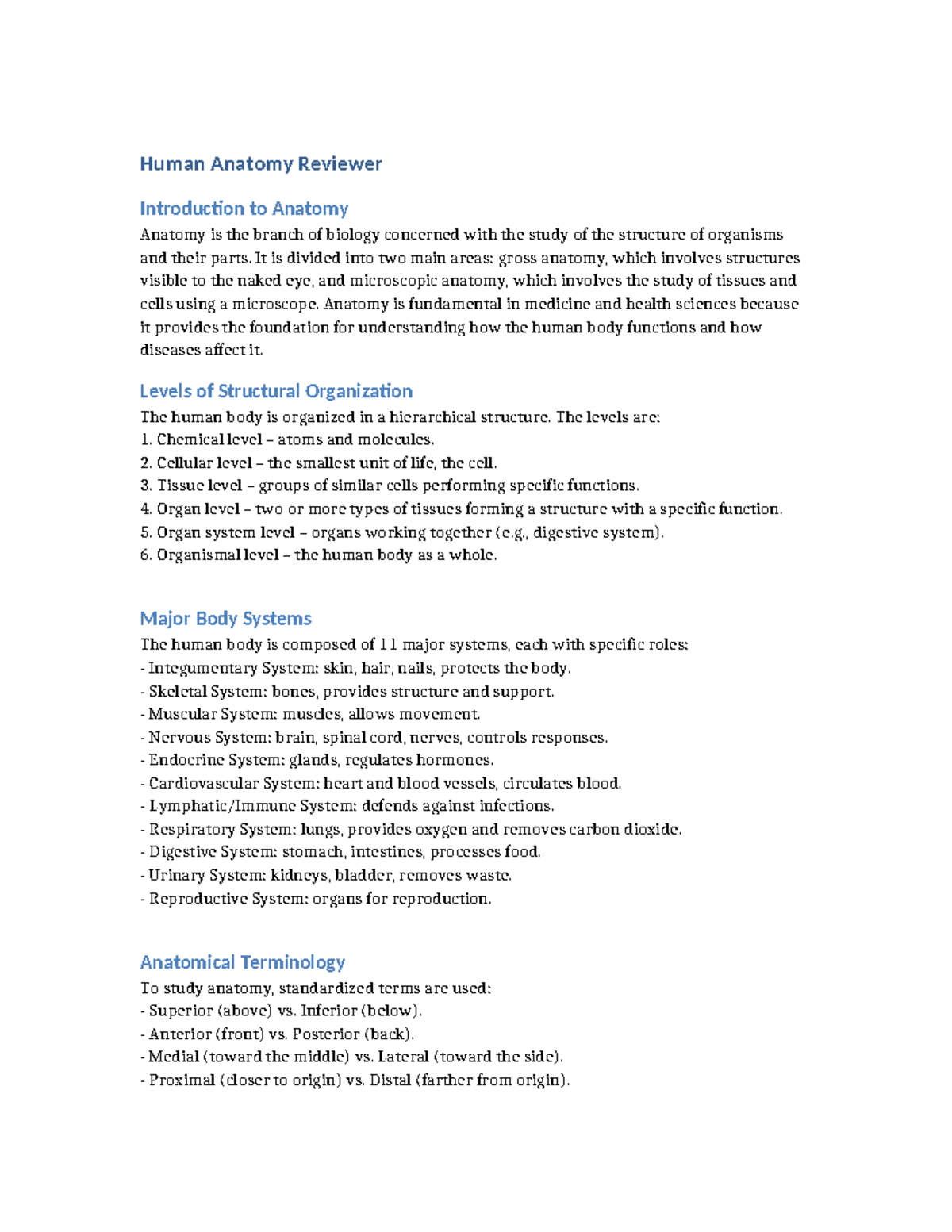 Human Anatomy Reviewer: Introduction to Body Structure and Systems ...