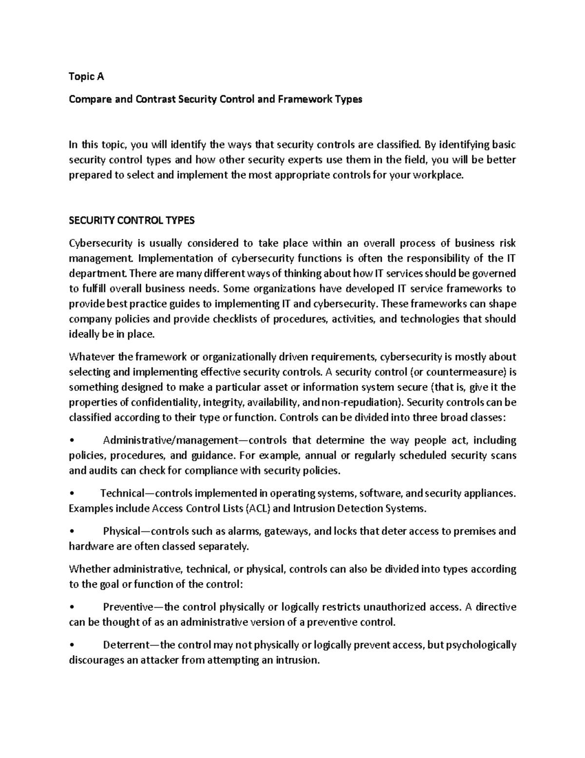 CSEC 101: Comparing Security Control Types and Frameworks - Studocu