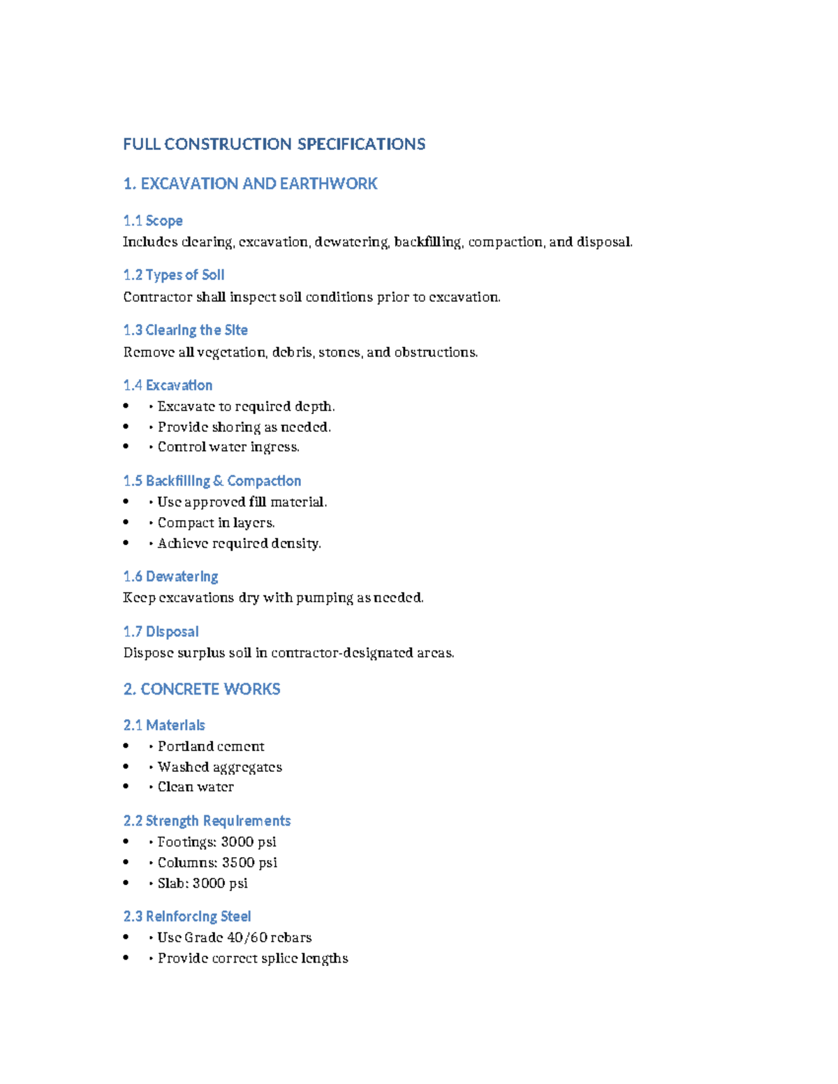 Construction Specifications: Excavation, Concrete, Masonry & More - Studocu