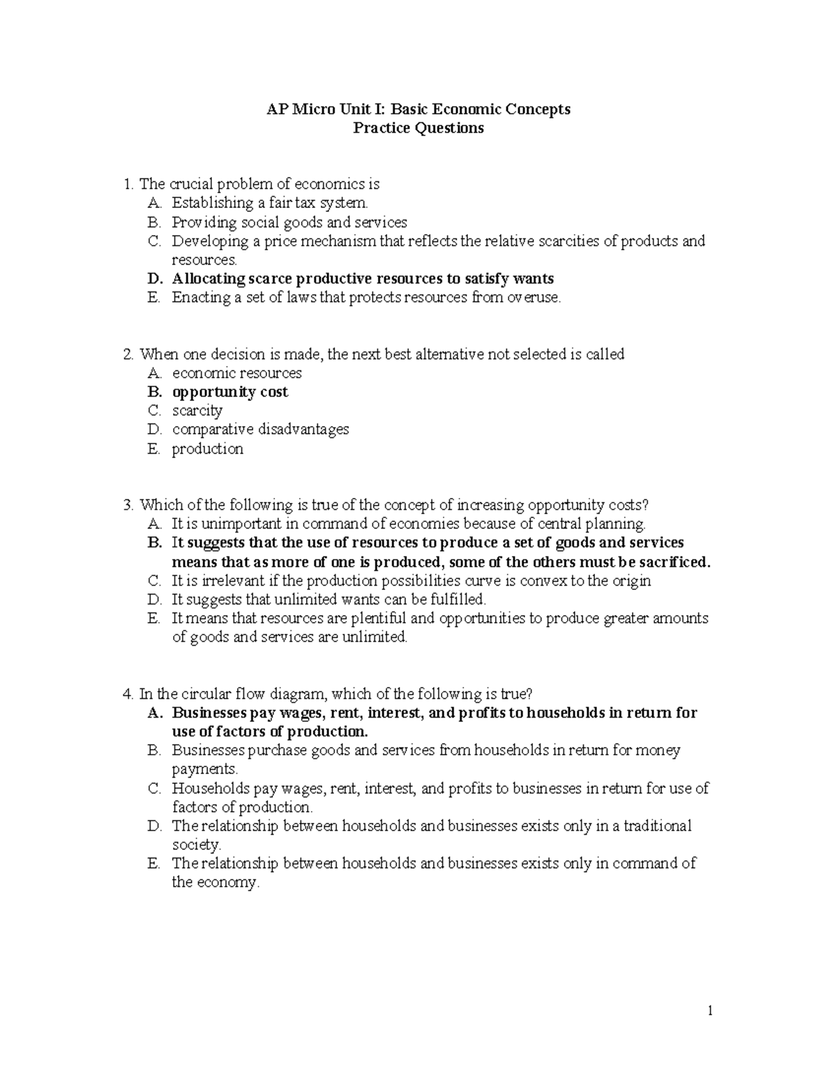 AP Micro Unit I: Basic Economic Concepts Practice Questions - Studocu