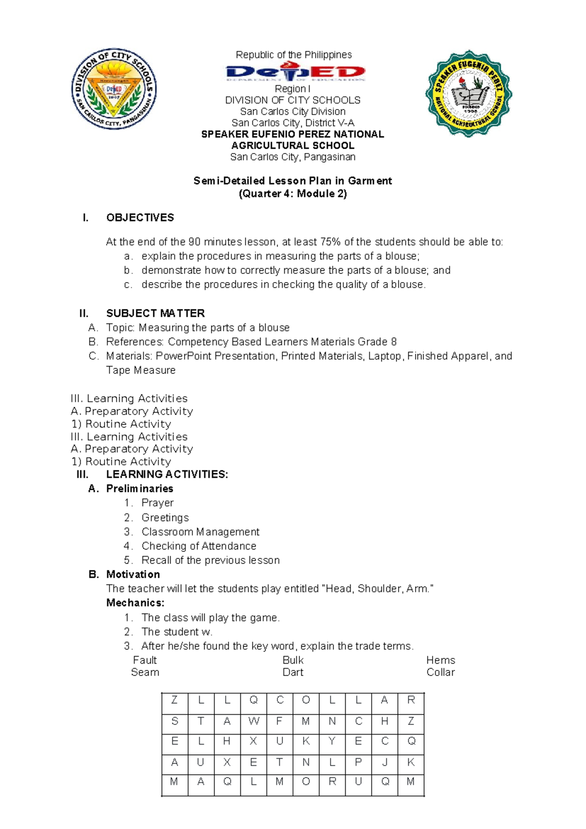 G8 Garment Module 2 Semi-Detailed Lesson Plan on Measuring Blouse Parts ...