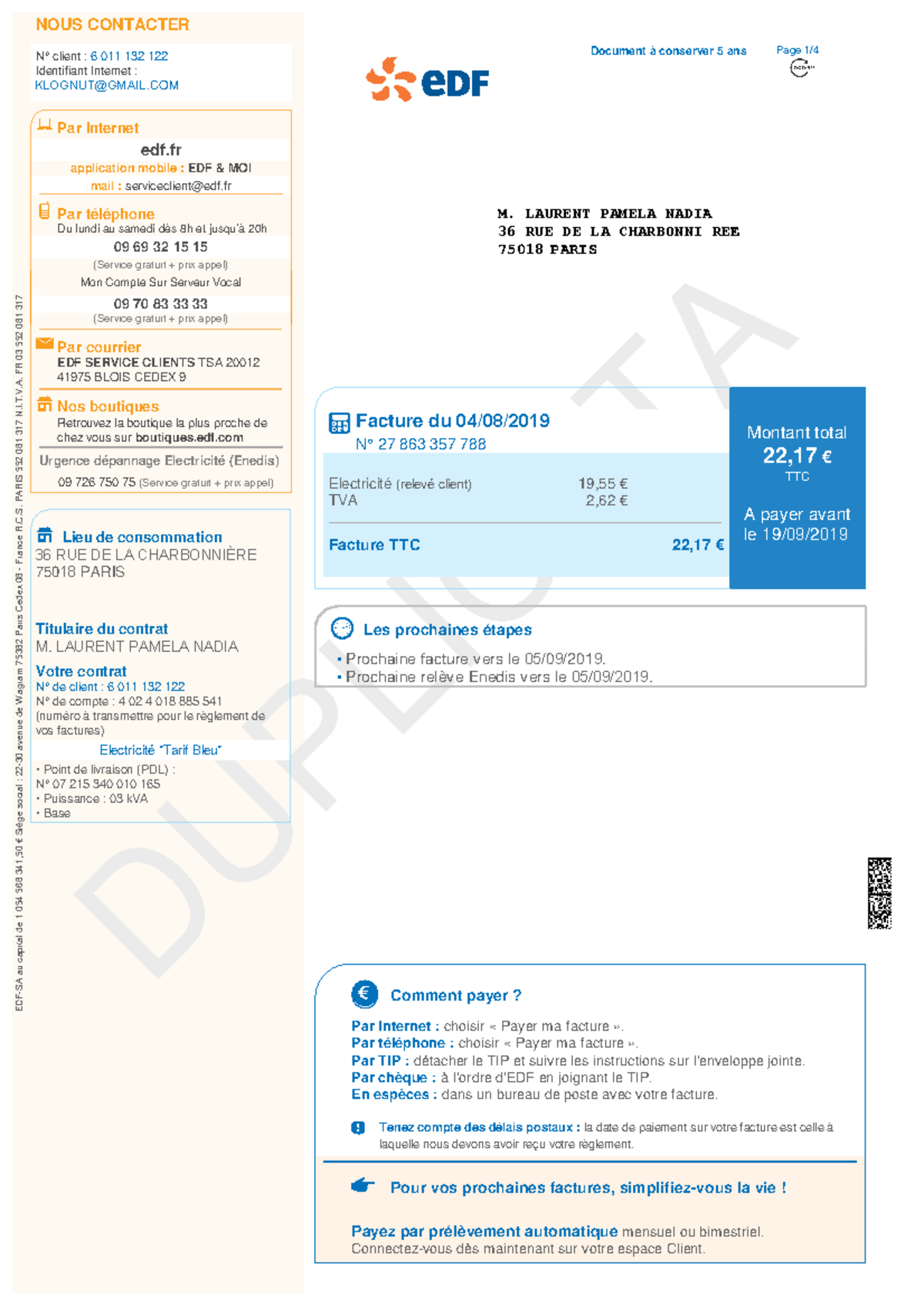 EDF - Jsks’dbskàsbwj - Document à conserver 5 ans DUPLICATA G Par Internet edf application ...