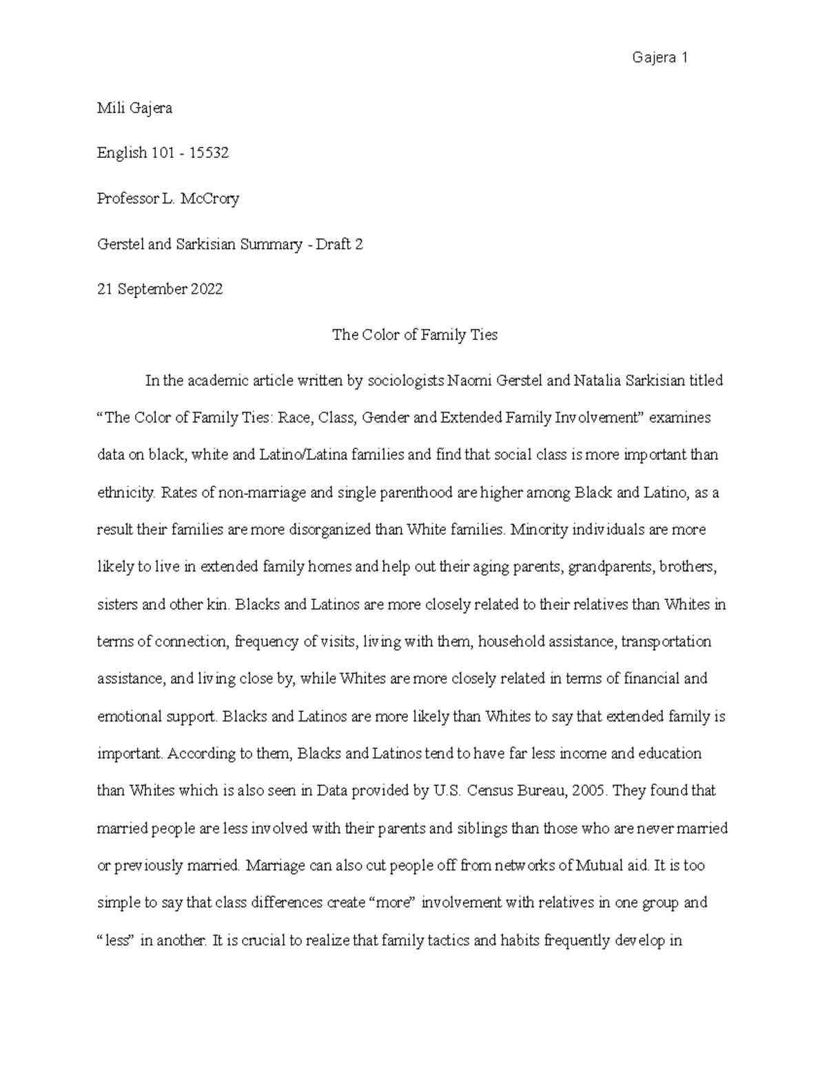G101 - Summary of Gerstel and Sarkisian's Family Ties Article - Studocu