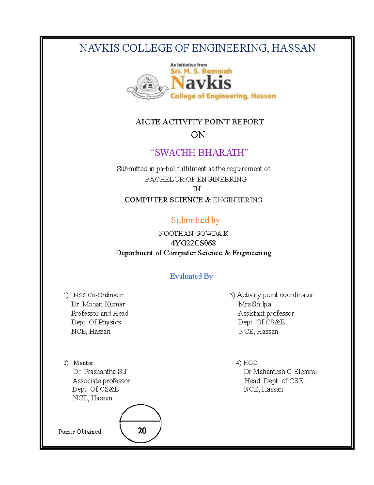 AICTE Activity Point Report: Swachh Bharat Mission - 4YG22CS068 - Studocu