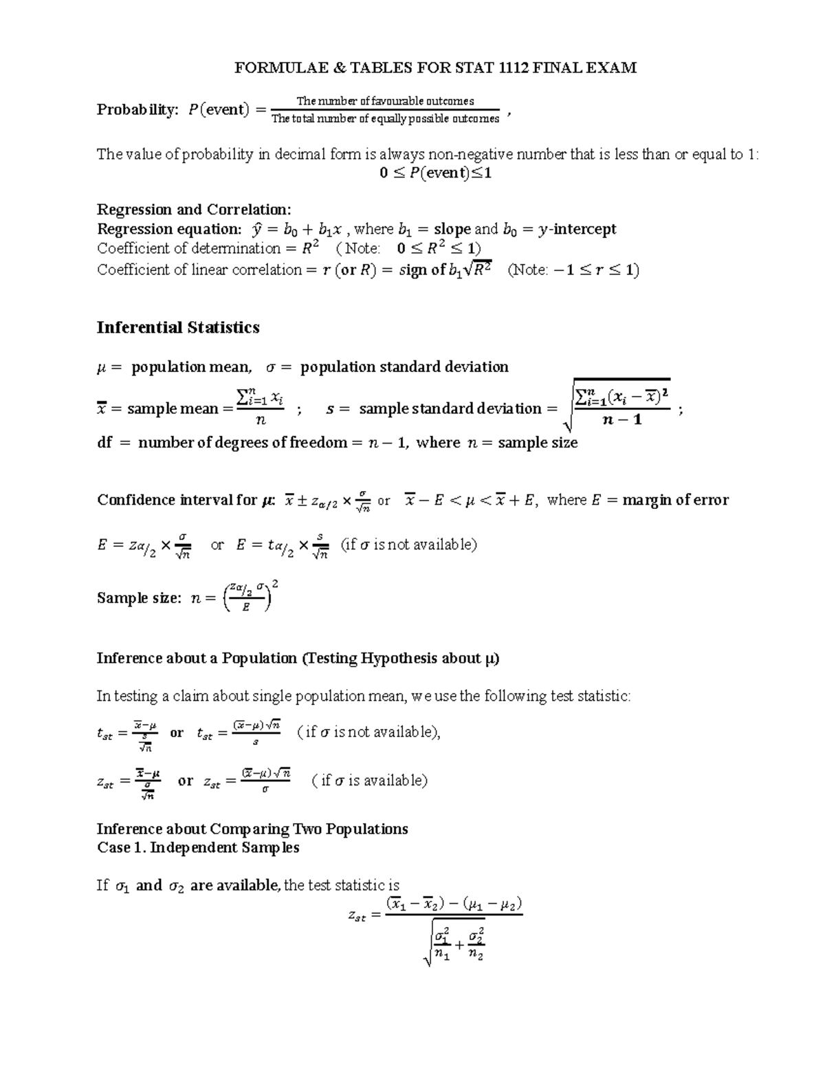 Formulae & Tables for STAT 1112 Final Exam Review - Studocu