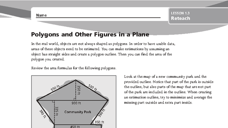Reteach 1.3: Estimating Areas of Polygons and Figures in Geometry - Studocu