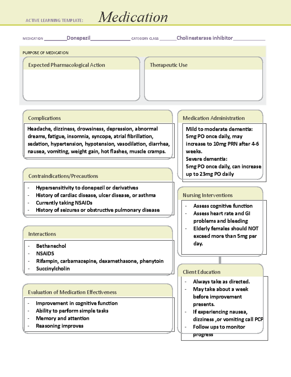 Donepezil (Cholinesterase Inhibitor) Medication Template Guide - Studocu