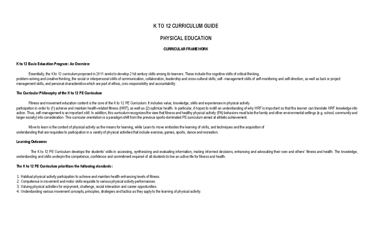 K to 12 PE Curriculum Guide: Framework and Learning Outcomes - Studocu