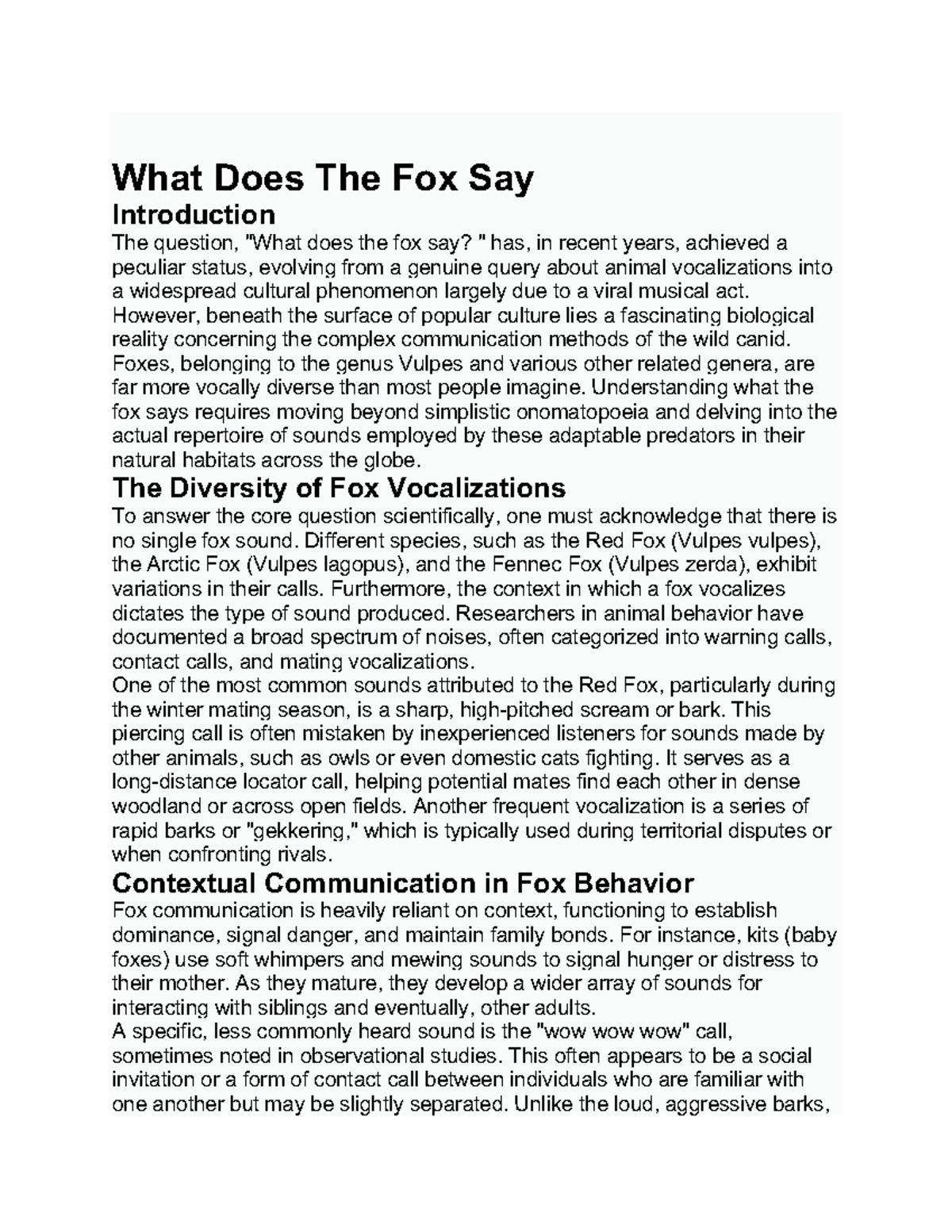 What Does The Fox Say - Essay on Fox Vocalizations and Behavior - Studocu