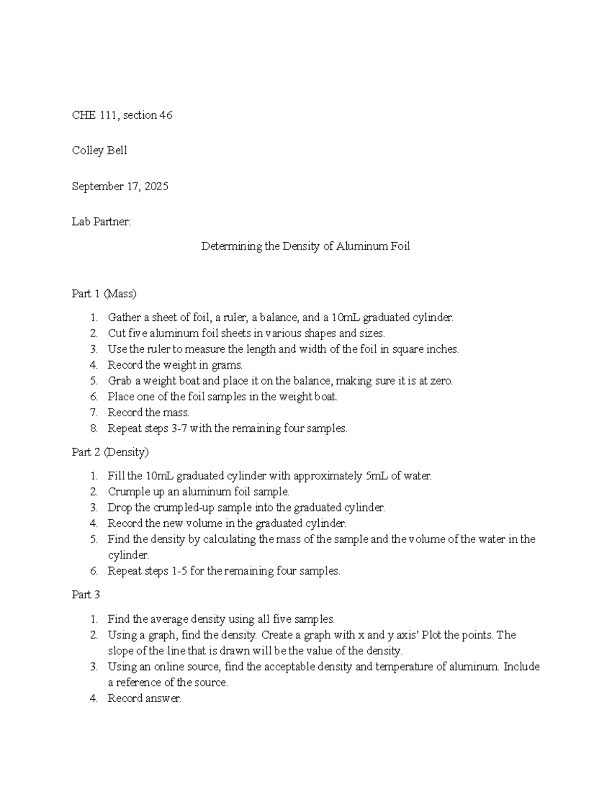CHE 46 Lab: Determining the Density of Aluminum Foil Experiment - Studocu
