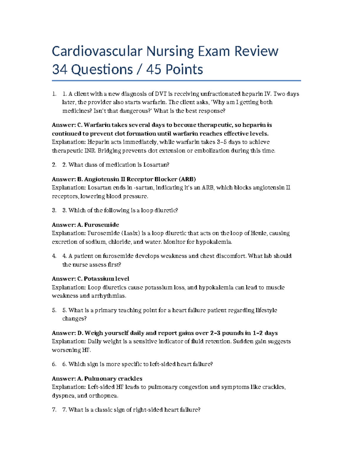 Cardiovascular Nursing Exam Review (NUR 345) - 34 Questions Part 1 ...