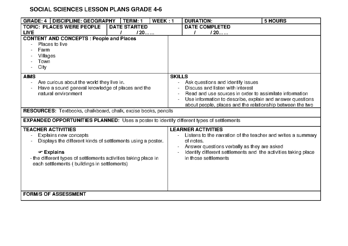 701544174 Social Sciences Lesson Plans for Grade 4 - Term 1 - Studocu
