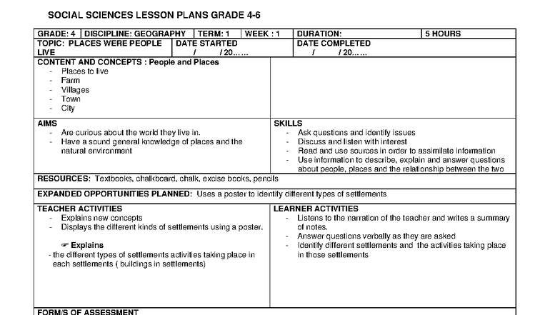 701544174 Social Sciences Lesson Plans for Grade 4 - Term 1 - Studocu