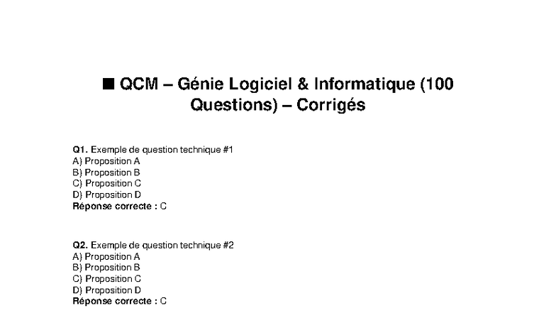 QCM Génie Logiciel Informatique (100 Questions) Corrigés - Studocu