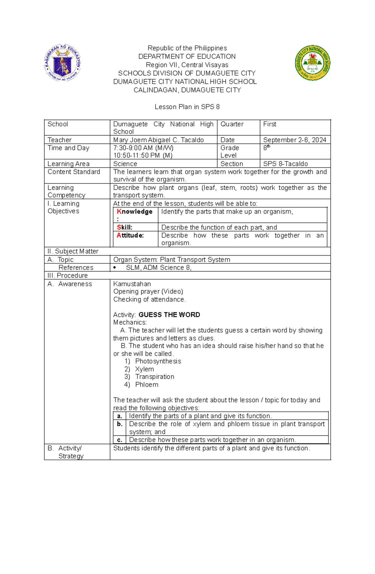 Lesson Plan for SPS 8: Plant Transport System Overview - Studocu