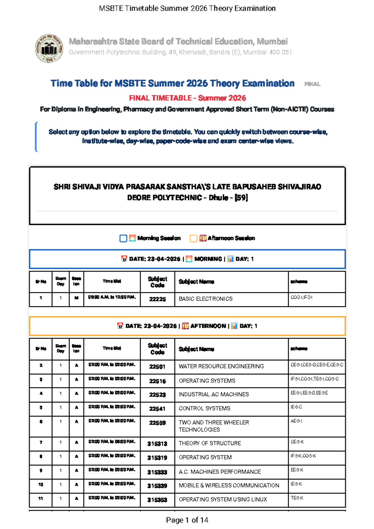 MSBTE Summer 2026 Theory Exam Timetable for Engineering & Pharmacy ...