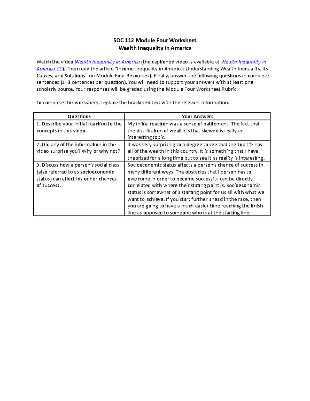 SOC 112 Module Four Worksheet: Wealth Inequality Analysis - Studocu