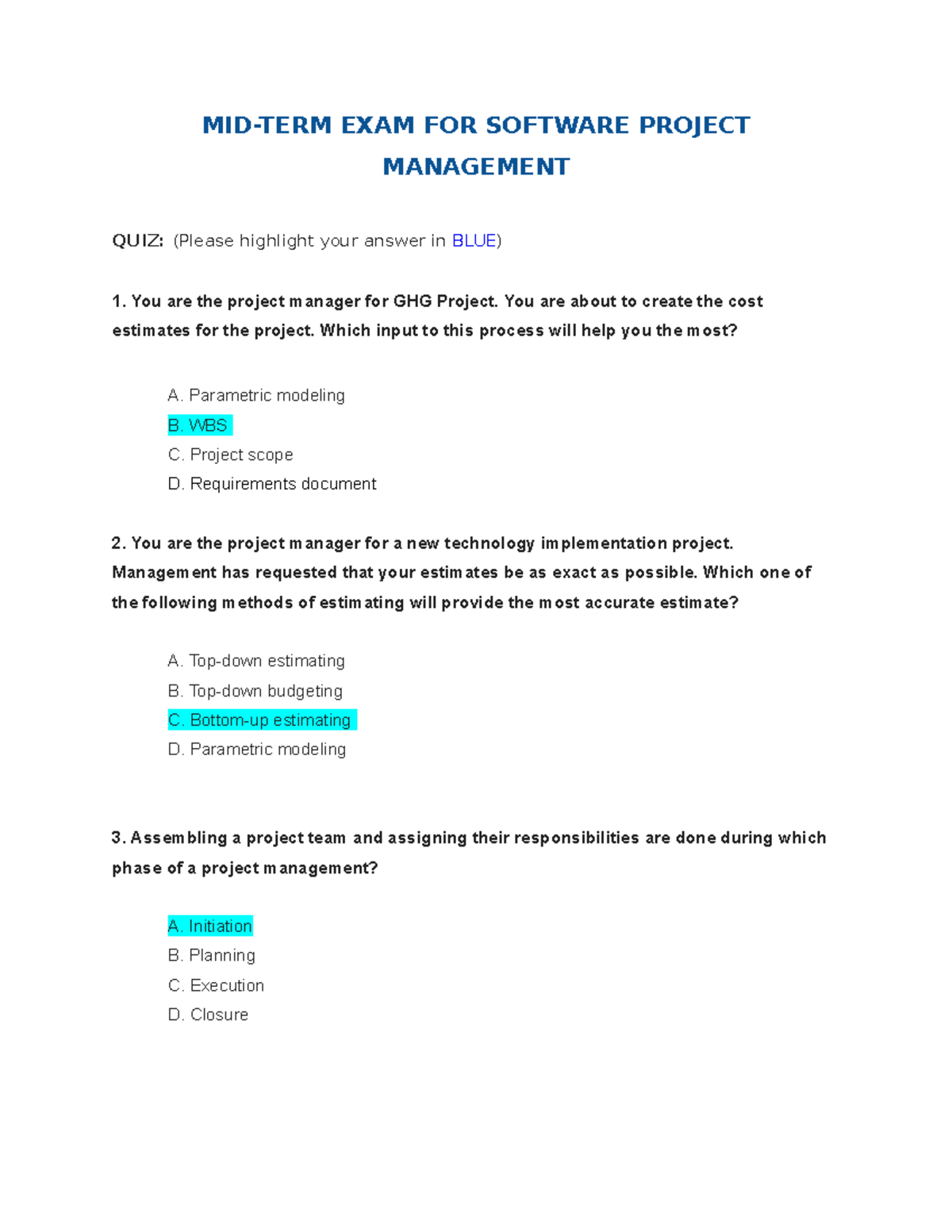 MID-TERM EXAM FOR SPM Che Quang Nhat - MID-TERM EXAM FOR SOFTWARE ...