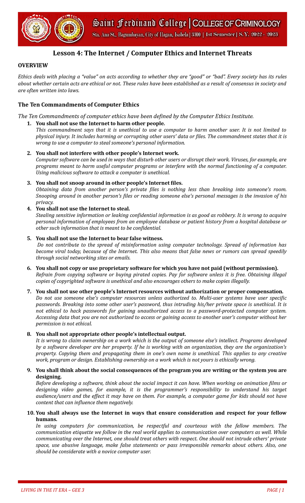 Module Week 5 - LESSON 4: The Internet / Computer Ethics and The ...