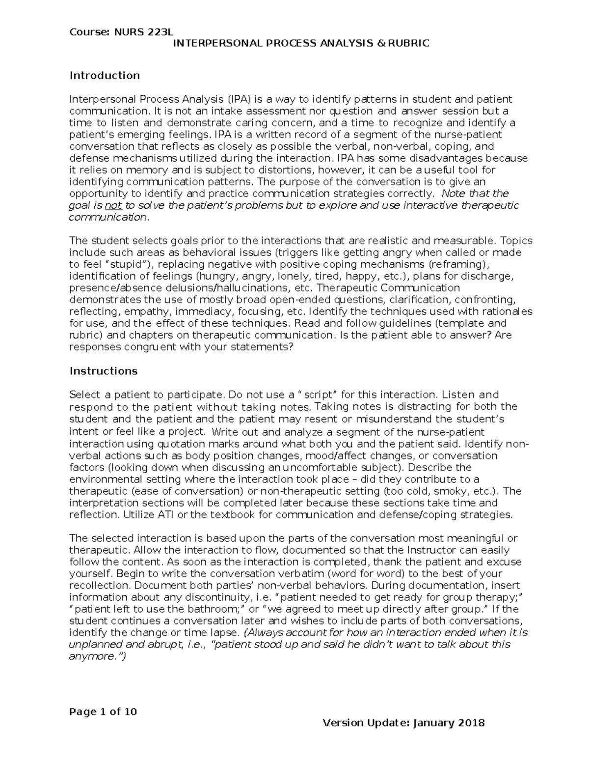 NURS 223L Interpersonal Process Analysis Clinical Assignment Rubric ...