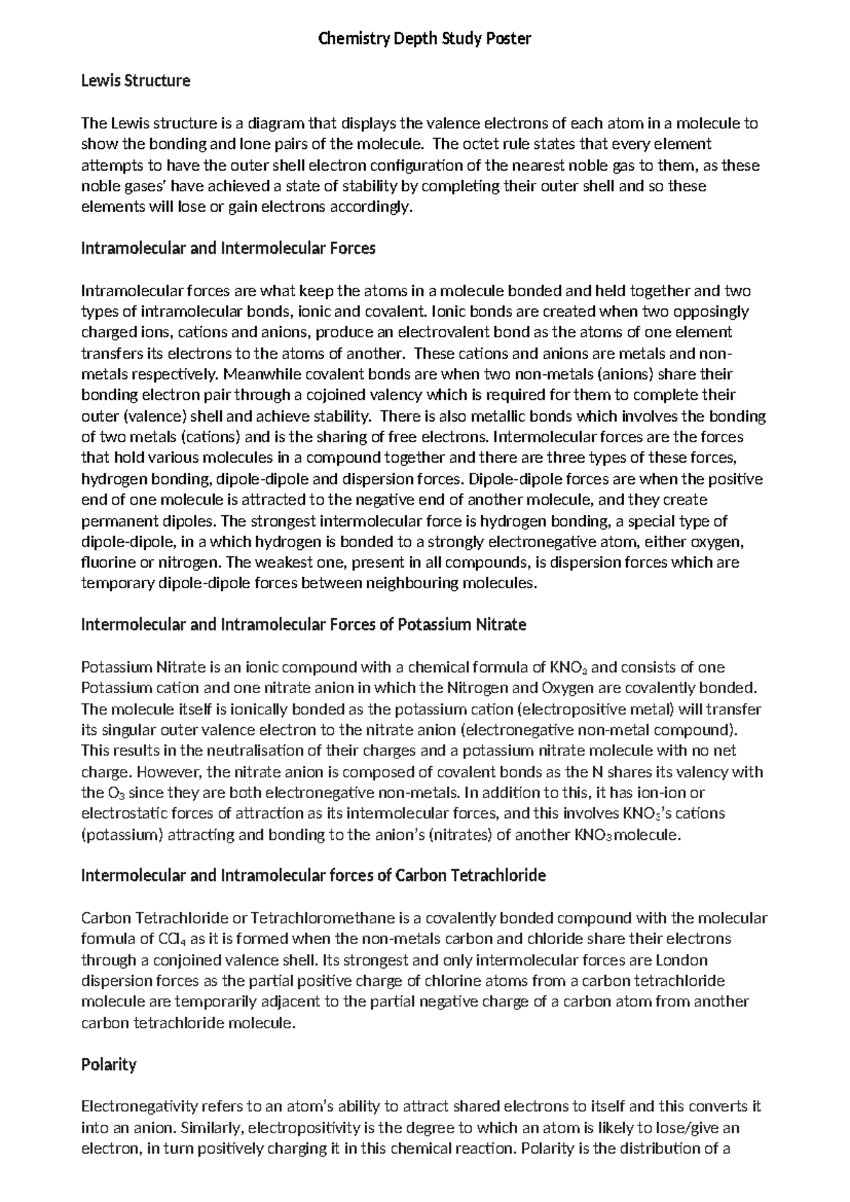 Chemistry Depth Study Poster: Intramolecular & Intermolecular Forces ...