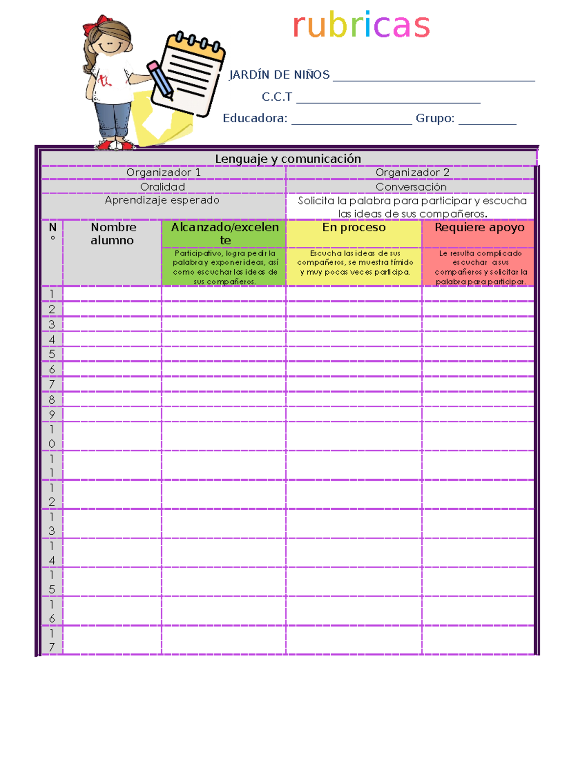 Rubricas de preescolar tres niveles de logro - JARDÍÍN DE NIÑÑOS ...