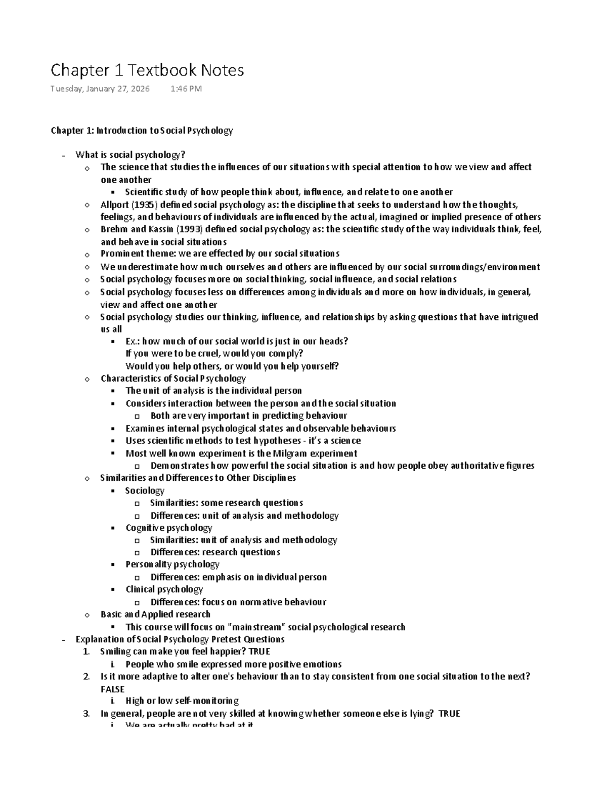Chapter 1: Intro to Social Psychology - Textbook Notes - Studocu
