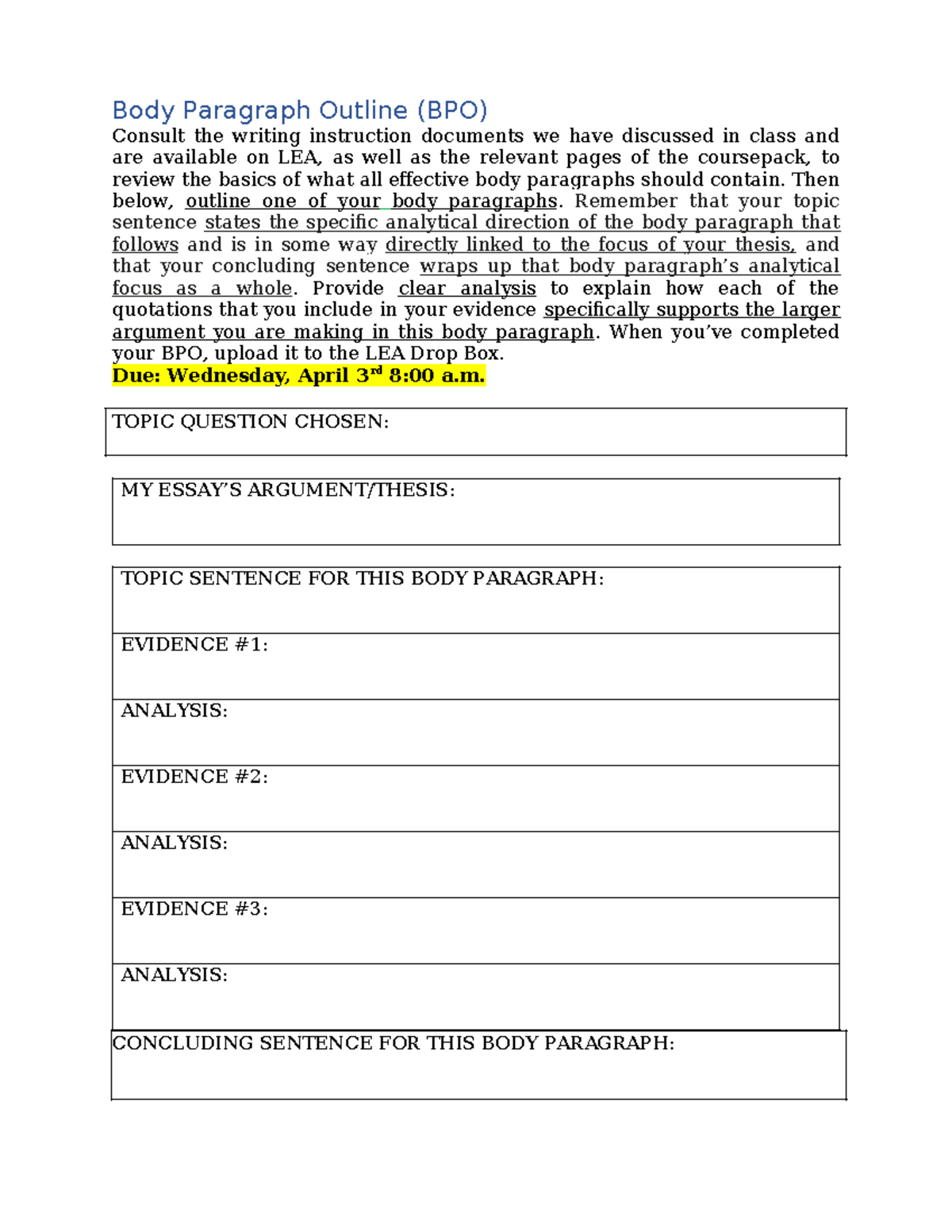 Body Paragraph Outline - Then below, outline one of your body ...