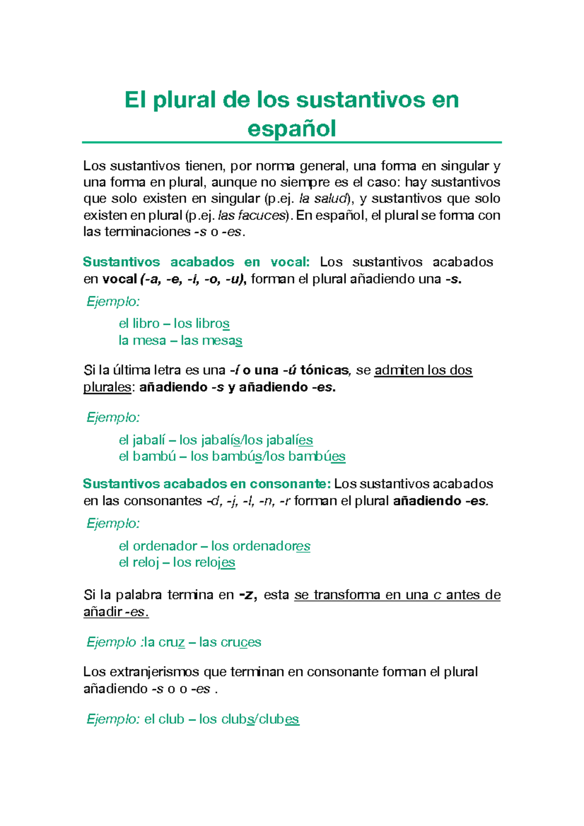 El Plural de los Sustantivos en Español: Reglas y Ejemplos - Studocu