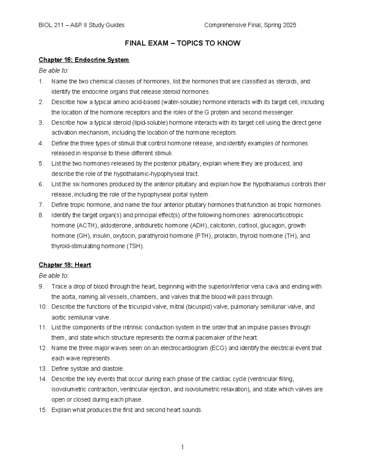 BIOL 211 – A&P II Comprehensive Final Exam Study Guide, Spring 2025 ...
