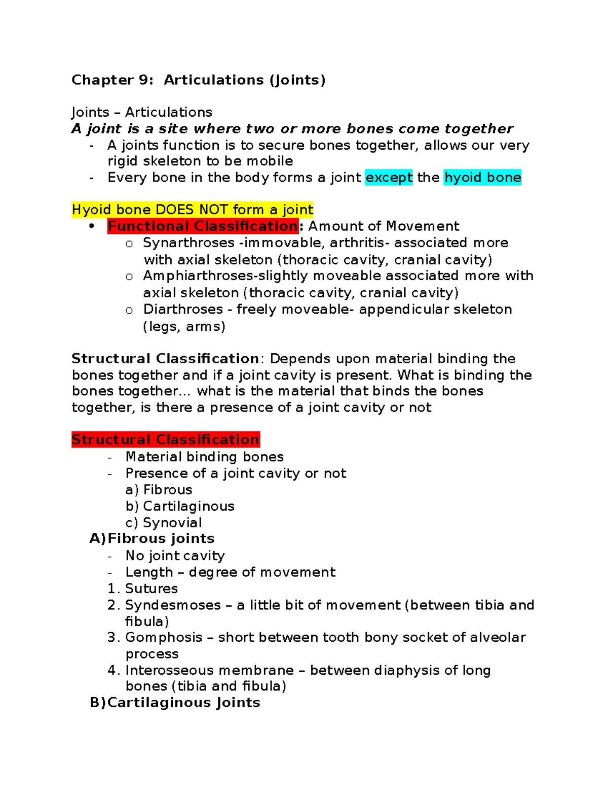 Chapter 9 - Chapter 9: Articulations (Joints) Joints – Articulations A ...