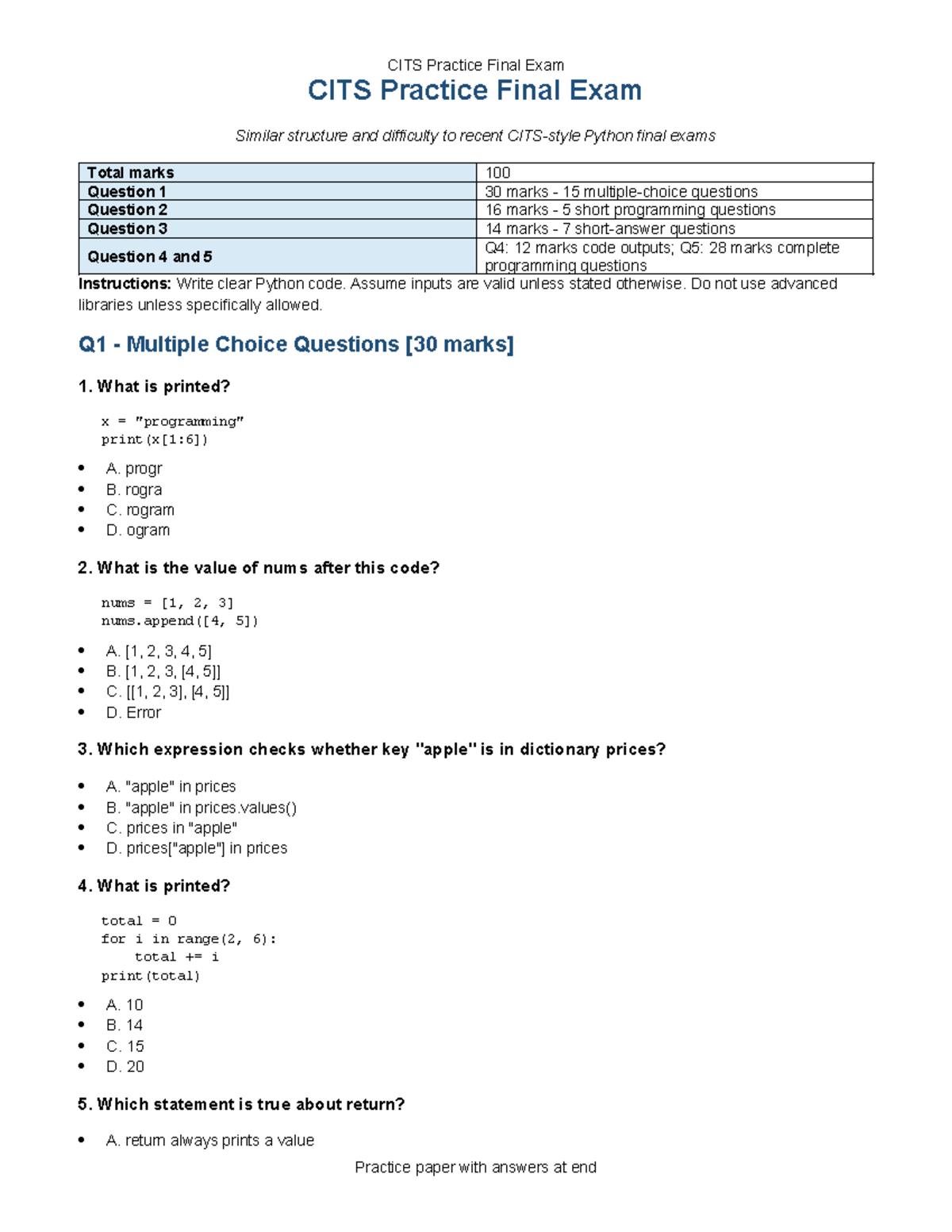 CITS Practice Final Exam Review: Python Programming Concepts - Studocu
