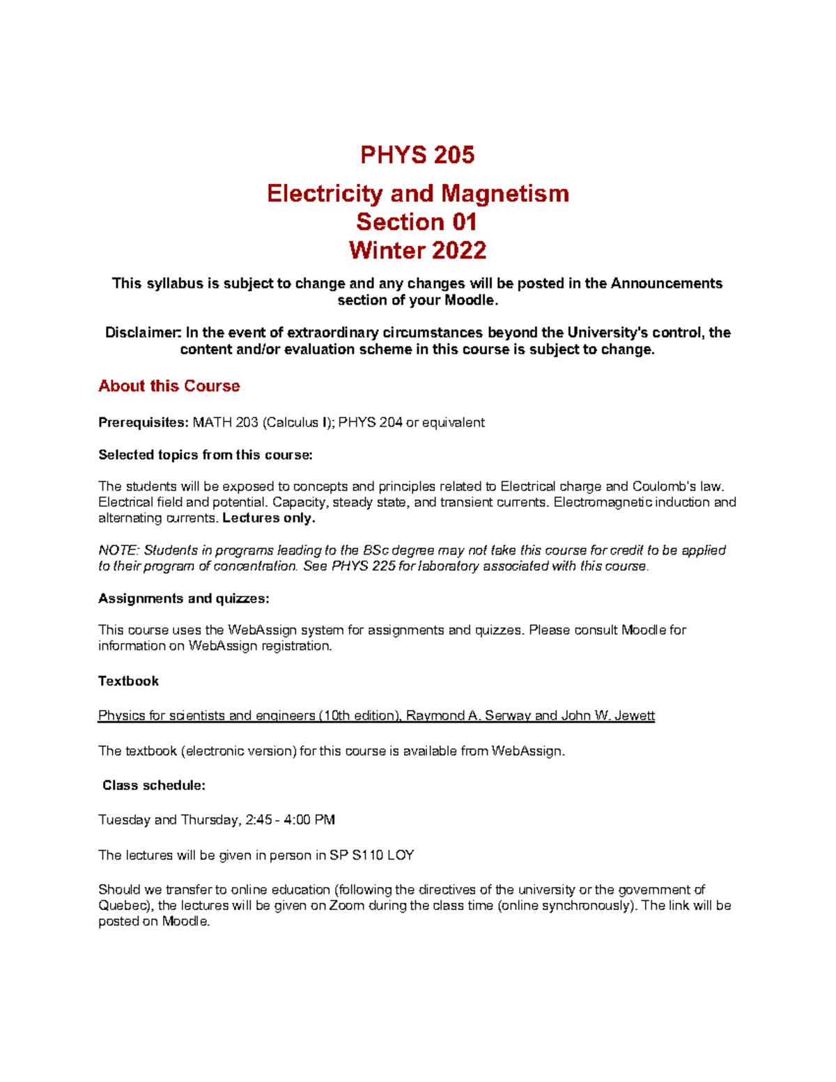PHYS 205 Course Outline: Electricity & Magnetism Winter 2022 W22 - Studocu
