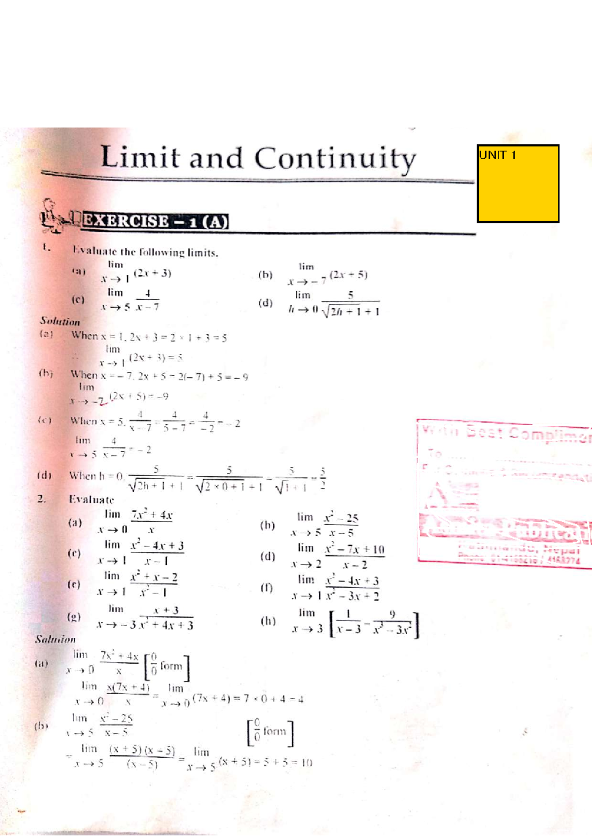 BCA II Mathematics: Limit and Continuity Unit 1 Exercise Solutions ...