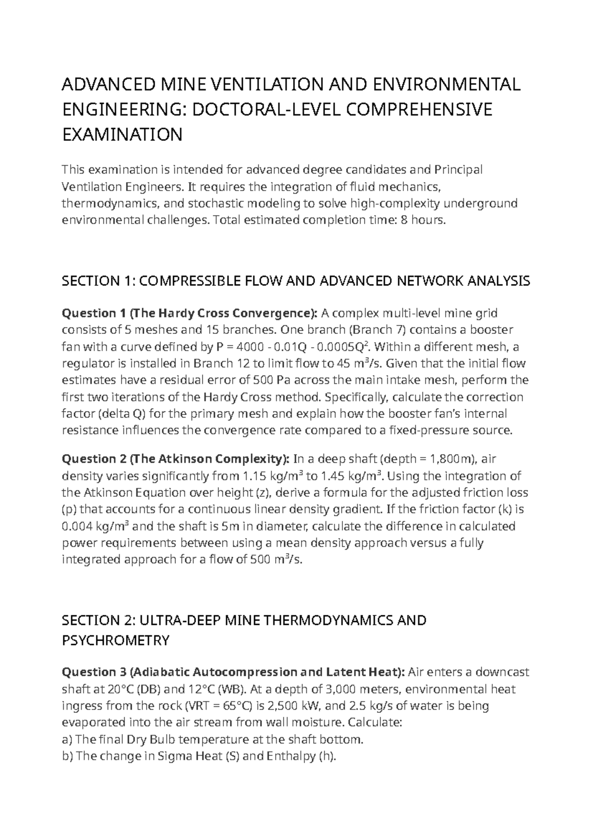 ADVANCED MINE VENTILATION & ENVIRONMENTAL ENG: COMPREHENSIVE EXAM - Studocu