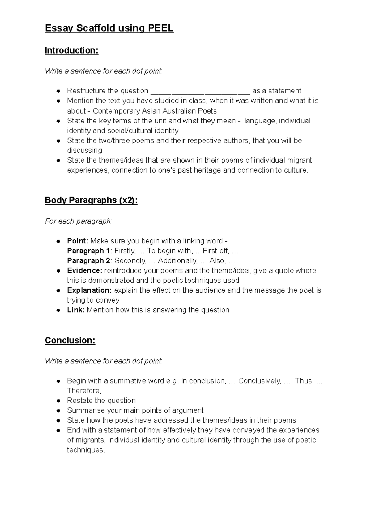 Essay Scaffold for PEEL Structure: Contemporary Asian Australian Poets ...