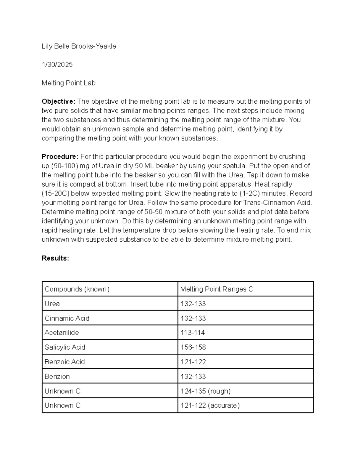 Melting Point Lab (1) - Lab Report Organic Chem - Lily Belle Brooks ...