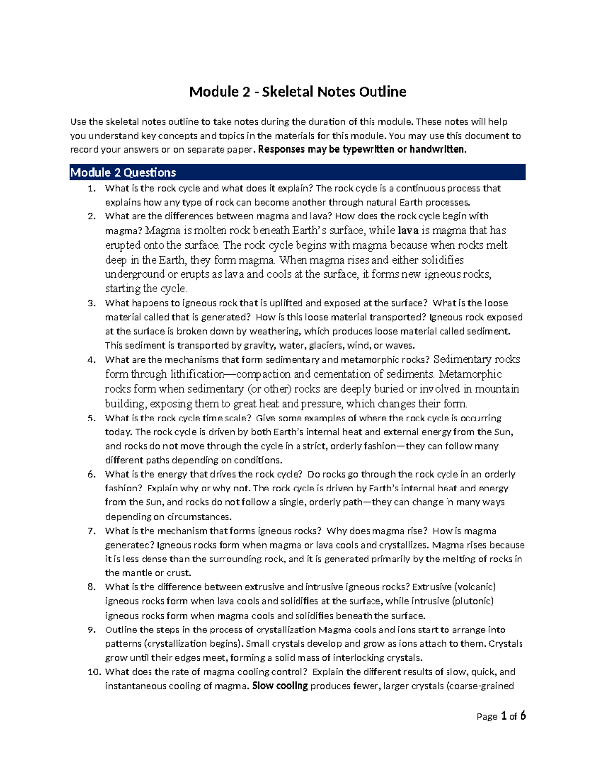 Module 2: Skeletal Notes Outline on the Rock Cycle and Metamorphism ...