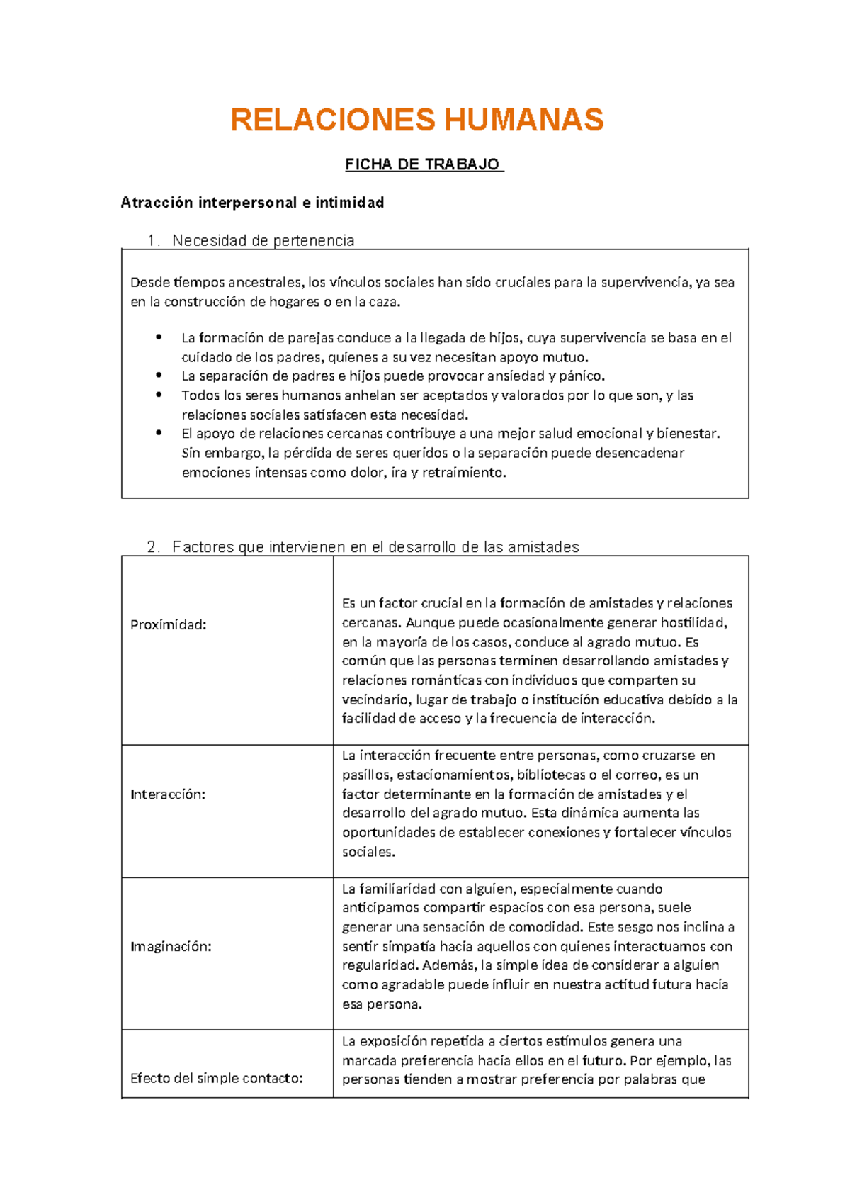 Relaciones Humanas - RELACIONES HUMANAS FICHA DE TRABAJO Atracción ...
