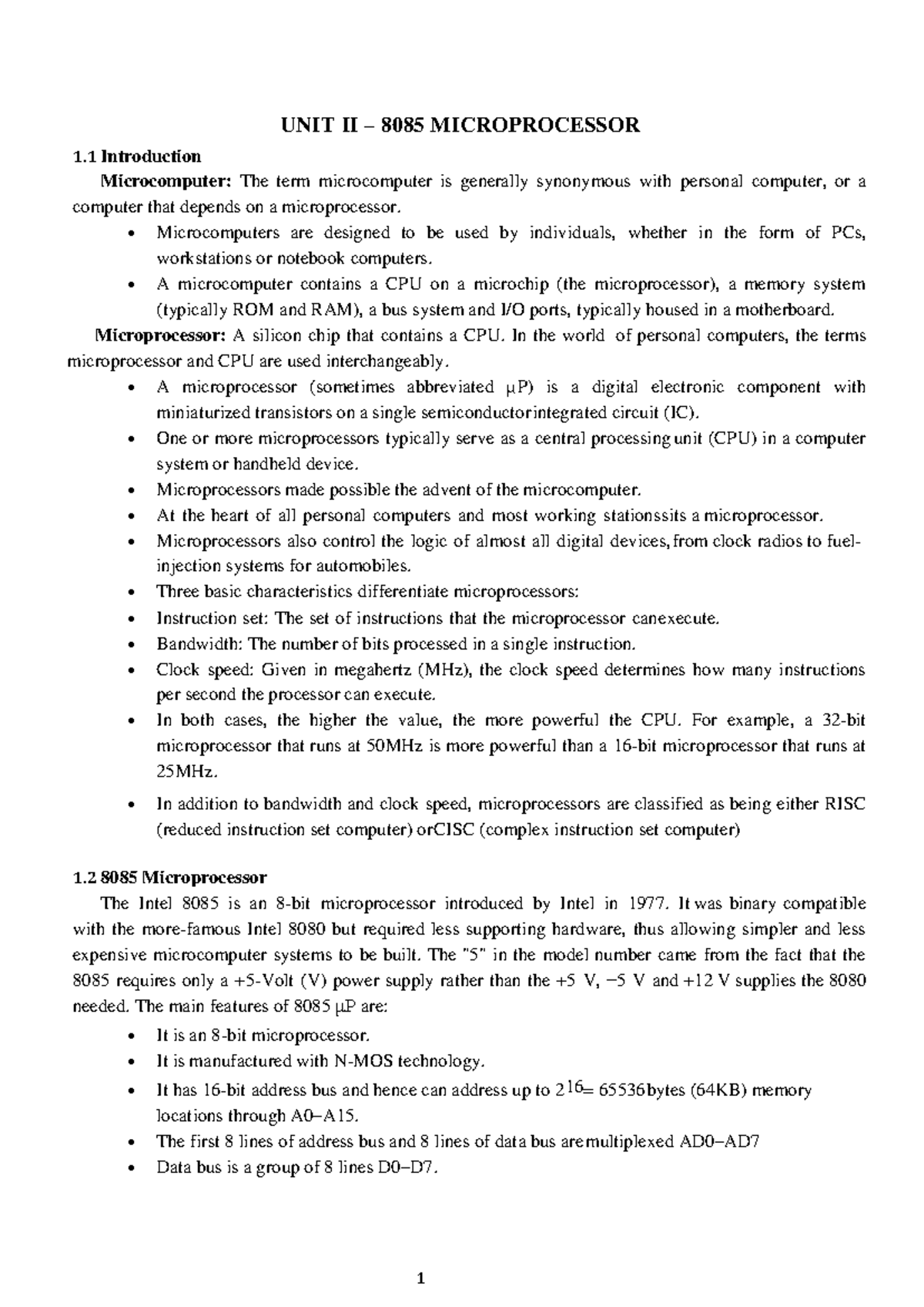 Mechatronics Unit II: 8085 Microprocessor Overview and Architecture ...