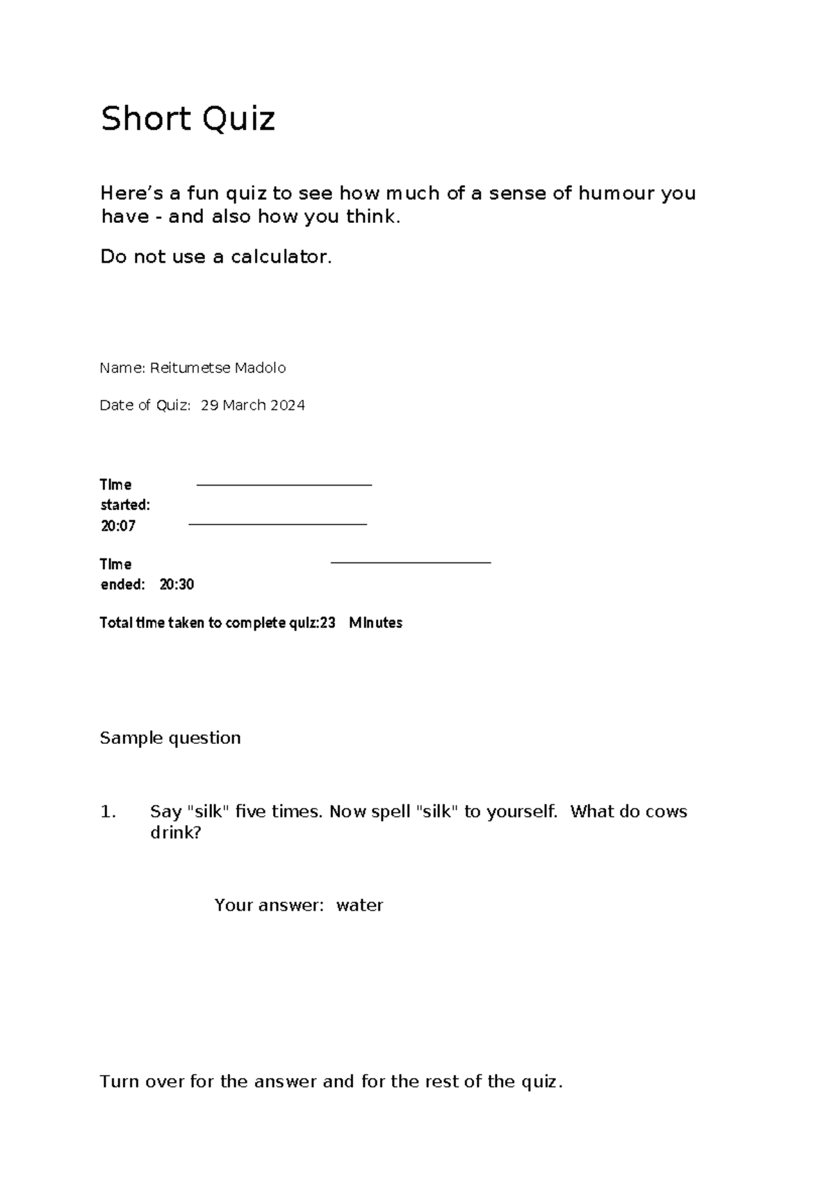 Short Quiz 2022: Test Your Humor and Thinking Skills! - Studocu