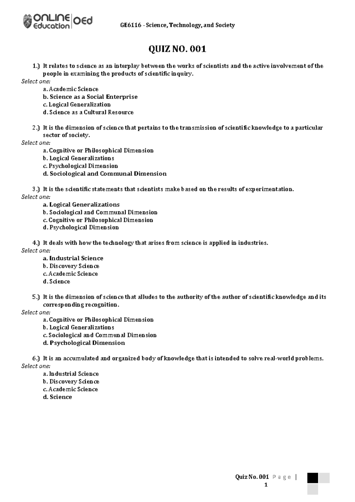 GE6116 STS Quiz No. 1 - Science, Technology, and Society - Studocu