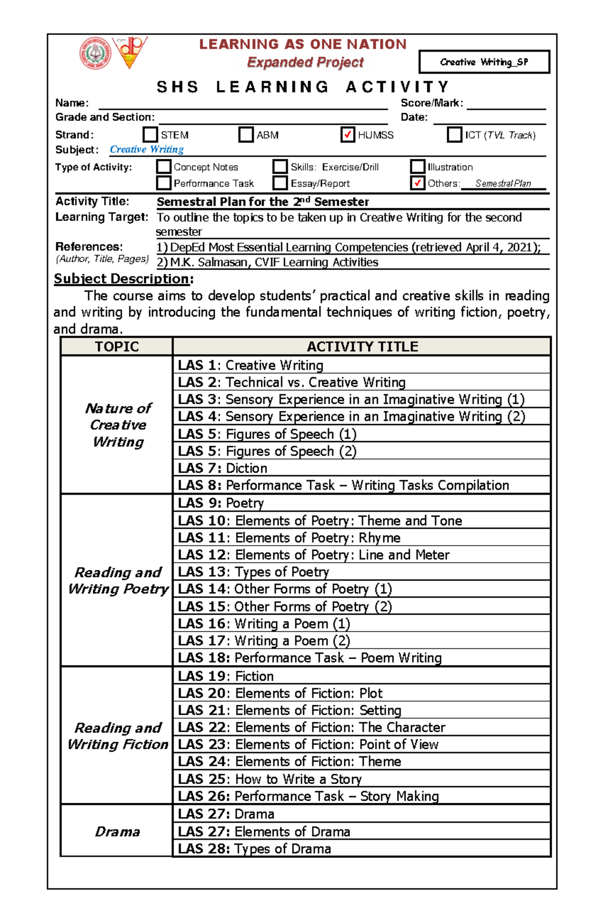 Semestral Plan for Creative Writing (STEM ABM HUMSS ICT) - Studocu
